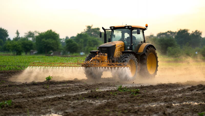A Powerful Yellow Tractor Sprays Crops in a Field, Dust and Spray ...