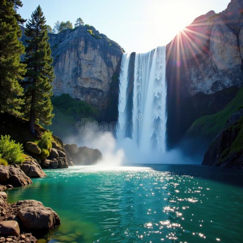 Powerful Yosemite Waterfall Plunging into Pool, Sun Rays , Splash, Dramatic Stock Illustration ...