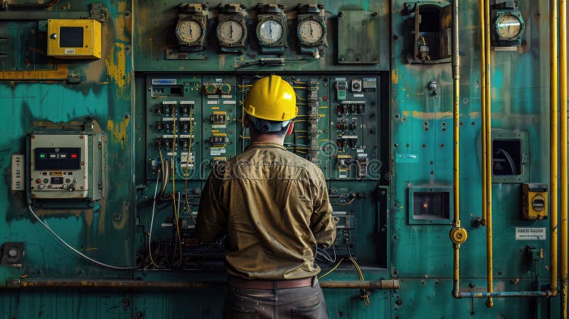 Powering Up: a Man in a Hard Hat and Working Clothes, Skillfully ...