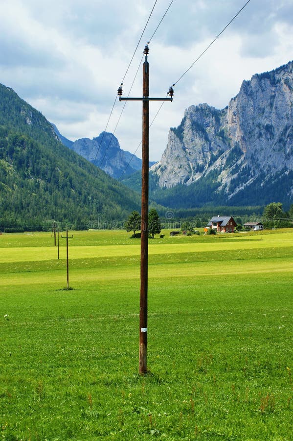 Old Wooden Powerline, Isolated on Blue Sky Stock Image - Image of clear ...