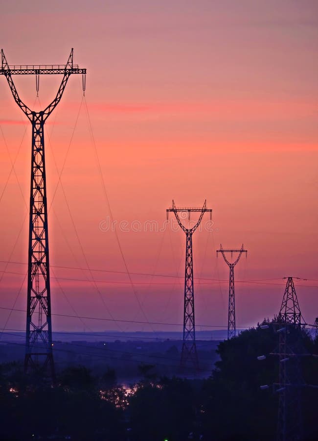 Powerline tower on sunset stock photo. Image of pole - 93456900