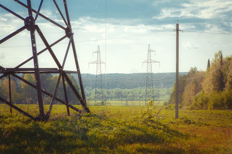 Powerlines Crossing Countryside Fields and Forests Stock Image - Image ...