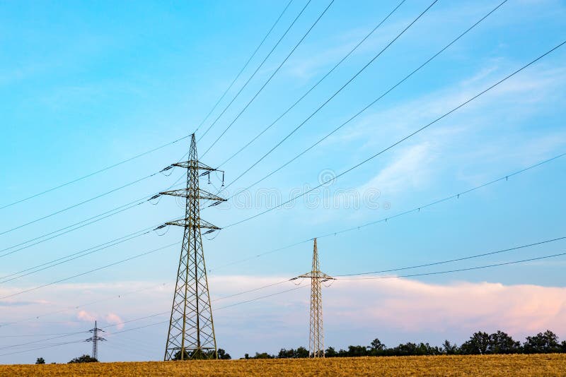 Powerlines on the field stock photo. Image of cable, grid - 60513590
