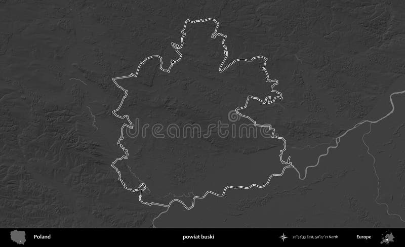 Powiat Buski Outlined, Poland. Grayscale Stock Image - Image of planet ...