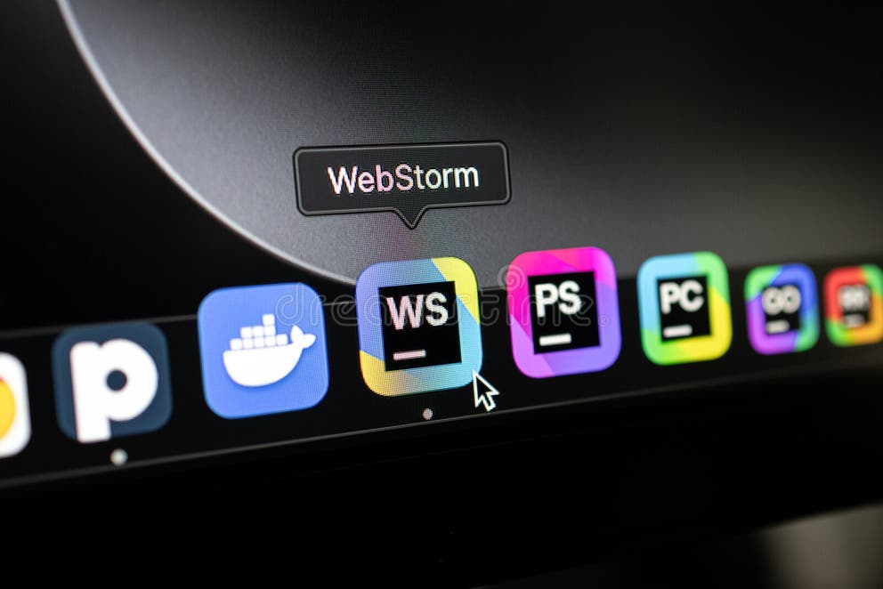 Poznan, Poland – April 14, 2025: MacOS Dock Interface with Cursor Selecting WebStorm IDE Icon on ...