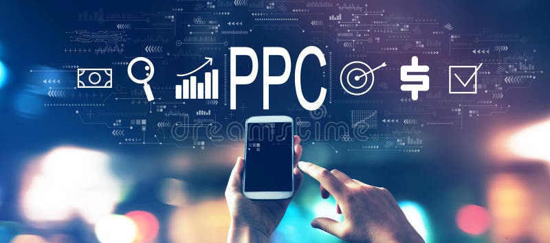 PPC - Pay Per Click Concept with a Smartphone in City Lights at Night ...