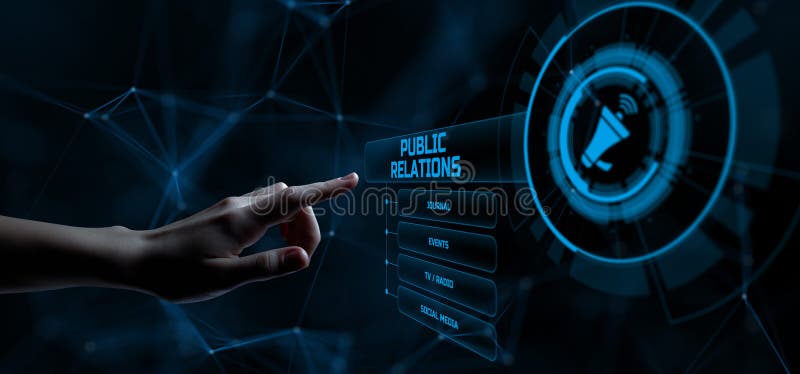 PR Public Relations Advertising Advertisement. Hand Pressing Button on ...