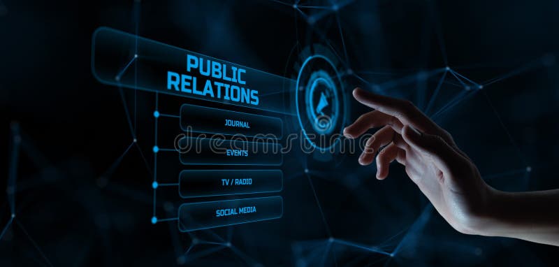 PR Public Relations Advertising Advertisement. Hand Pressing Button on ...