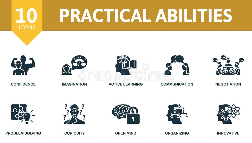 Practical Abilities Icon Set. Confidence, Imagination, Active Learning ...
