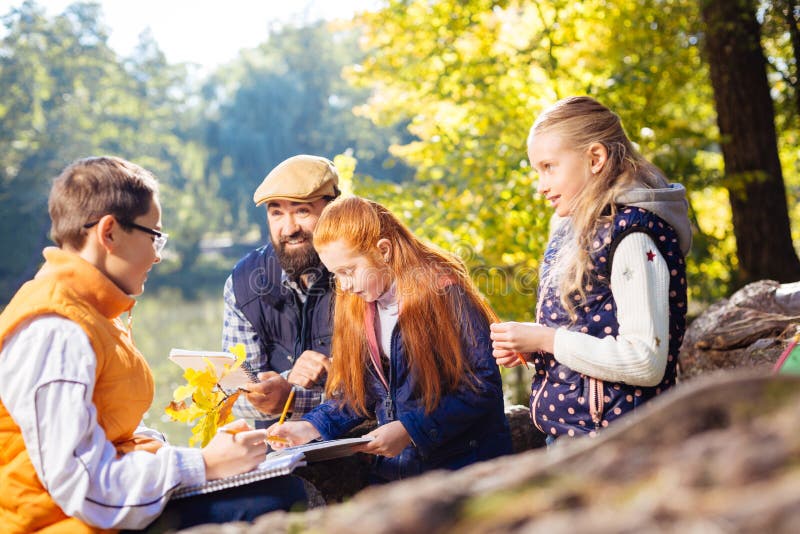 Positive Nice Smart Children Exploring Forest Together Stock Image ...