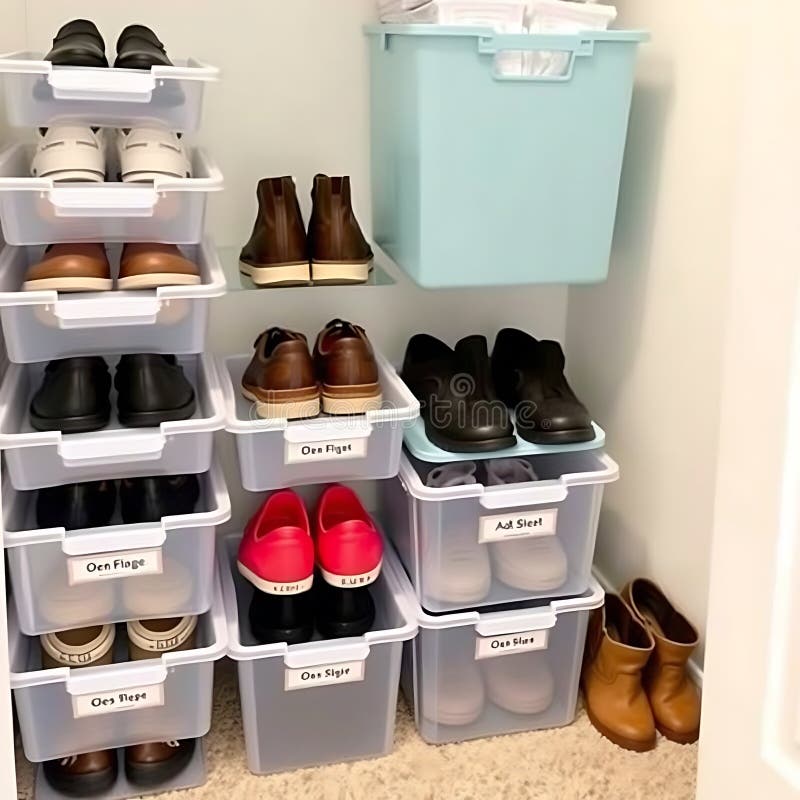 A Practical Shoe Storage Solution with Stackable Plastic Bins Each ...