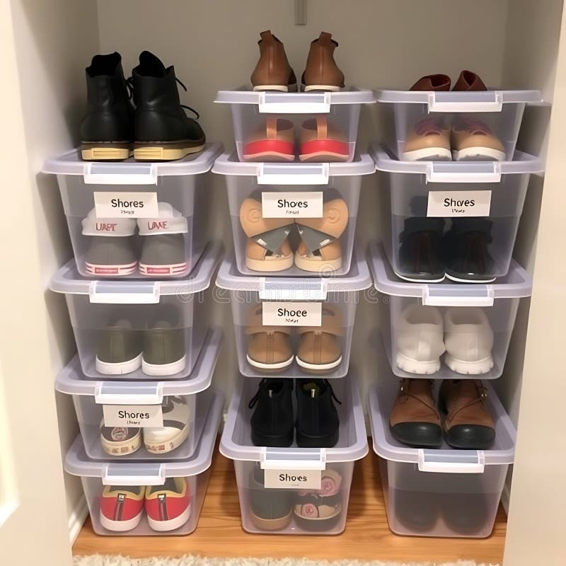 A Practical Shoe Storage Solution with Stackable Plastic Bins Each ...