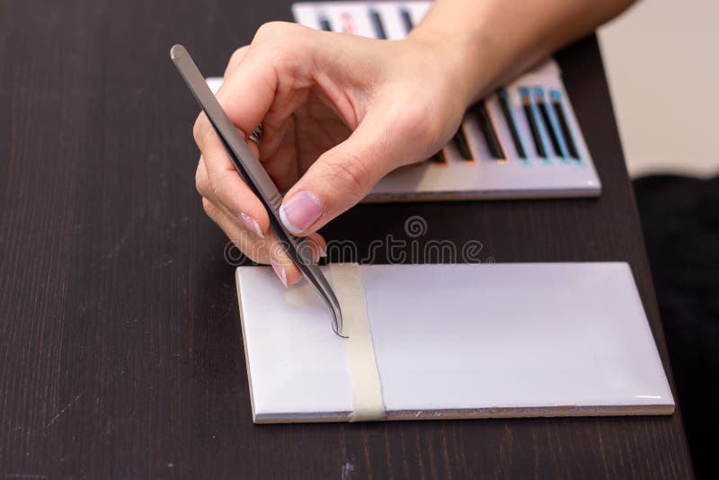 Practice Eyelash Extension on Tile . Artificial Lashes, Work with Stock ...