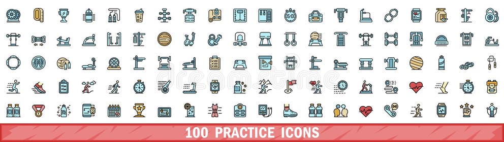 100 Practice Icons Set, Color Line Style Stock Vector - Illustration of ...