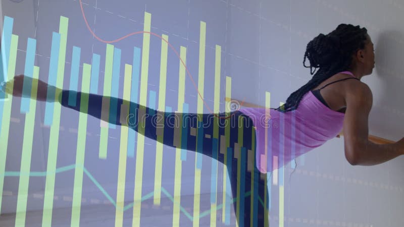 Practicing High Kick, Woman Over Financial Data Chart Animation in ...
