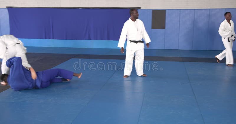 Practicing Judo, Athletes in White and Blue Uniforms Training on Mats ...