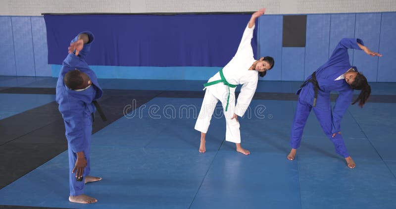 Practicing Judo, Group of Athletes Stretching in Dojo before Training ...