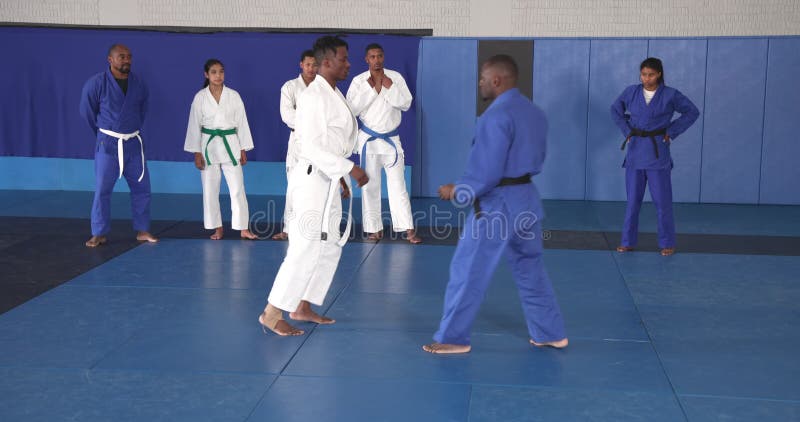 Practicing Judo Techniques, Two Men Sparring on Mat with Classmates ...