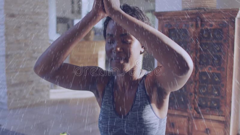Practicing Yoga with Animation of Rain Effect in School Setting Stock ...