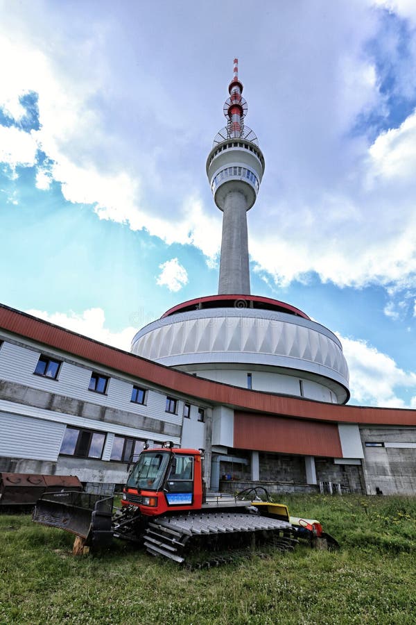 Praded Mountain Broadcasting Tower Building with Parked Snowmobile ...