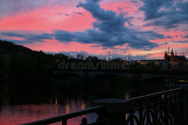 Prague Castle and Bridge on Sunset Pink Stock Image - Image of sunset ...