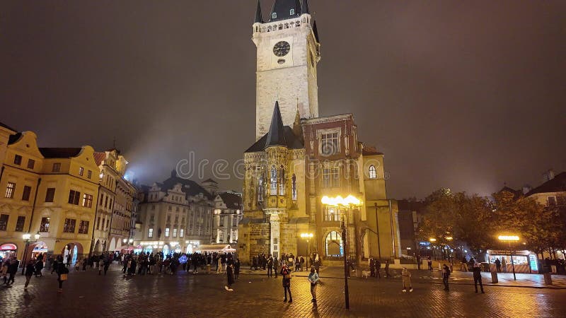 Prague Astronomical Clock Tower Illuminated at Night with Mist in the ...