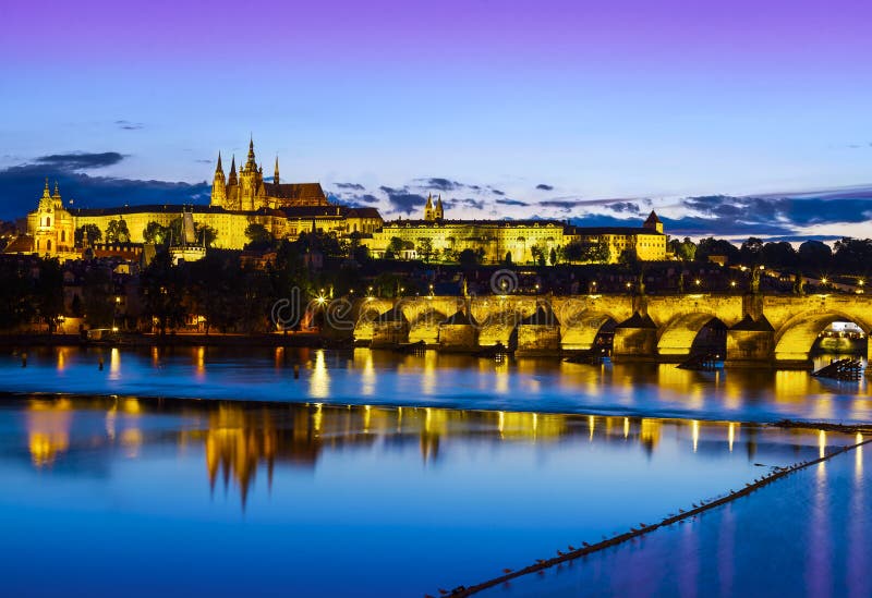 Prague Castle and Bridge at Sunset. Stock Image - Image of holiday ...