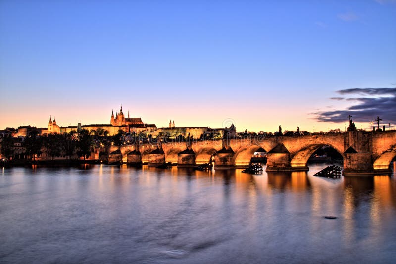 Prague Castle with Charles Bridge at Dusk Stock Photo - Image of ...
