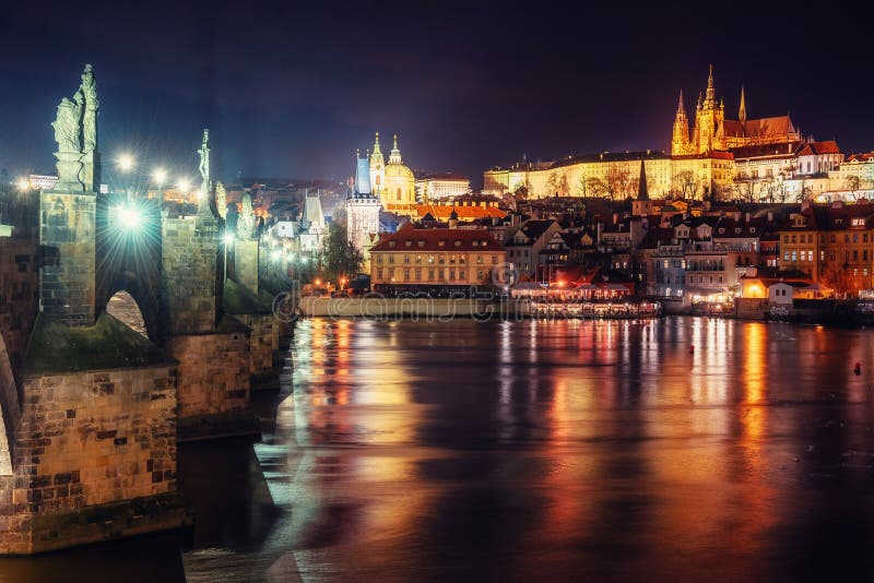 Prague Castle and Charles Bridge in the Night Stock Photo - Image of ...