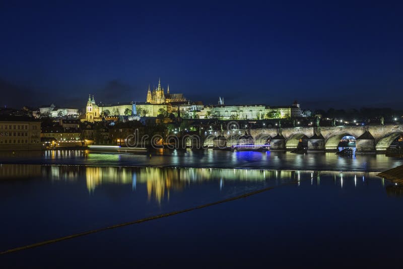 Prague Castle and Charles Bridge at Night Stock Photo - Image of ...