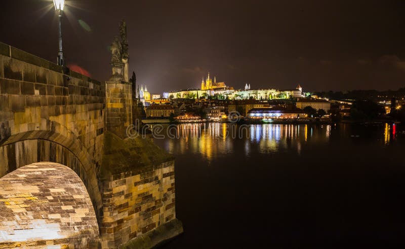 Prague Castle and Charles Bridge at Night Stock Photo - Image of ...