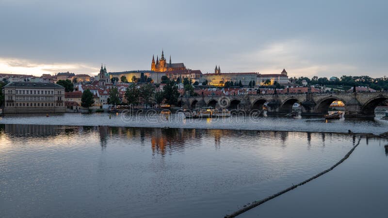 Prague Castle Over the Vltava River at Sunset Stock Photo - Image of ...