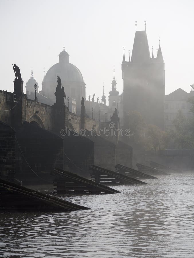 Prague - Charles Bridge in Fog Stock Photo - Image of republic, europe ...