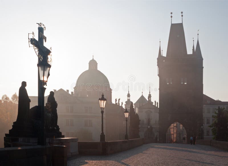 Prague - Charles Bridge in the Morning Fog Stock Image - Image of ...
