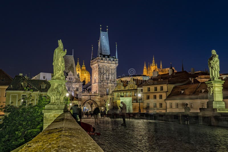 Prague Charles Bridge at Night Editorial Photography - Image of praga ...