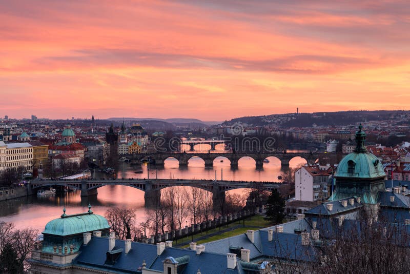Prague city at sunset editorial stock image. Image of place - 173514744