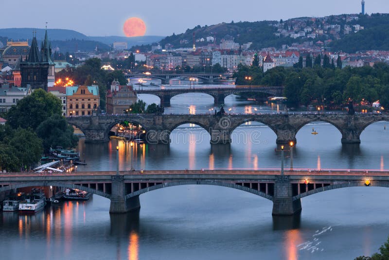 Prague Cityscape and Full Moon Stock Photo - Image of czech ...