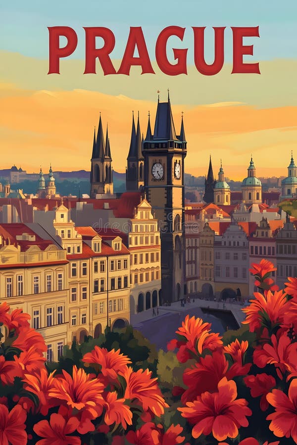 Prague Cityscape with Iconic Clock Tower and Red Flowers at Sunset ...