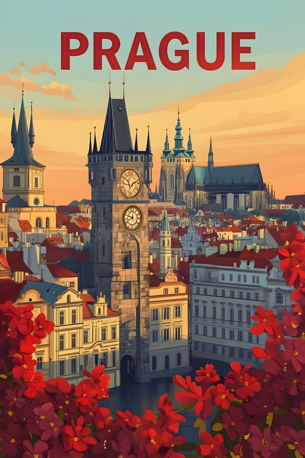 Prague Cityscape with Iconic Clock Tower and Scenic Rooftops at Sunset ...