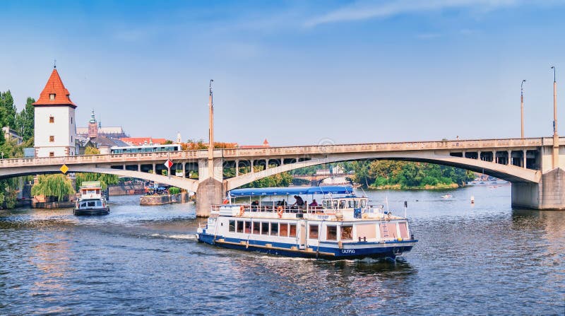 Cruise Ship Under the Bridge on the Vltava River. Prague, Czech ...