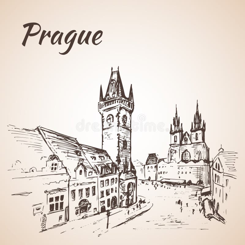 The Sketch Of Old Town Square Of Prague Stock Illustration ...