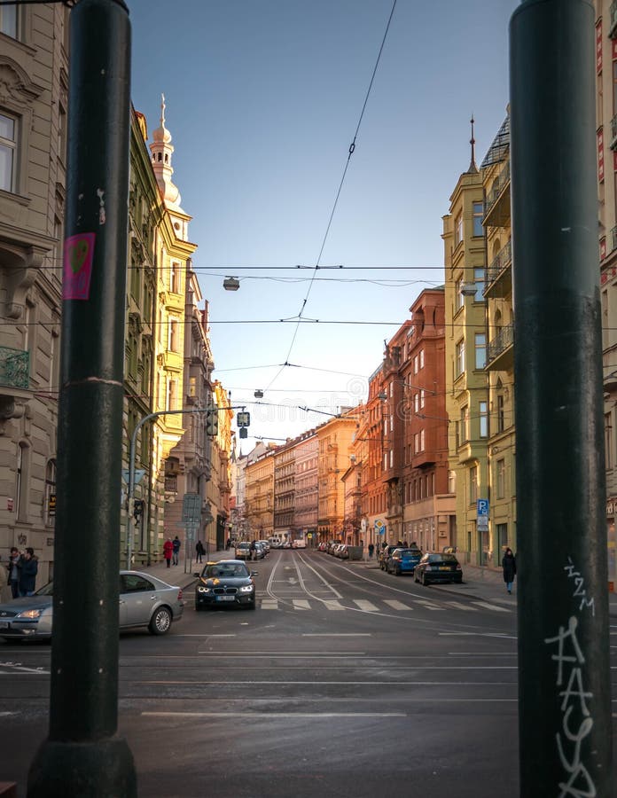 Prague, Czech Republic 1/5/2020: Street View through a Light Poles ...