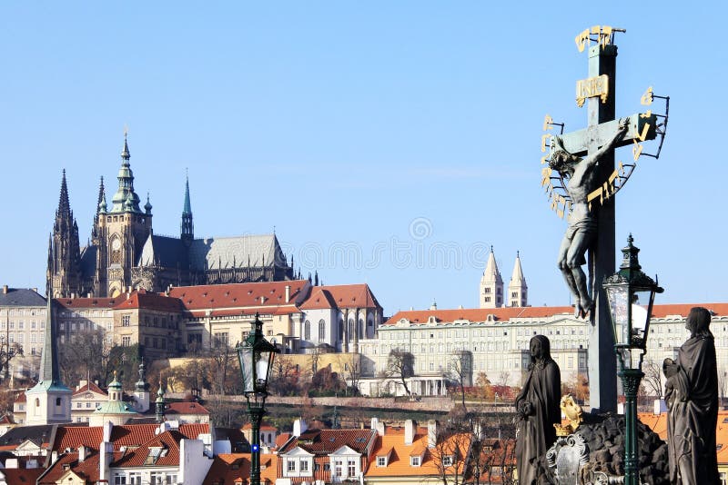Prague Gothic Castle from Charles Bridge with Its Statues Stock Photo ...