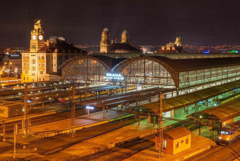 Prague Main Railway Station at Night Editorial Photography - Image of ...
