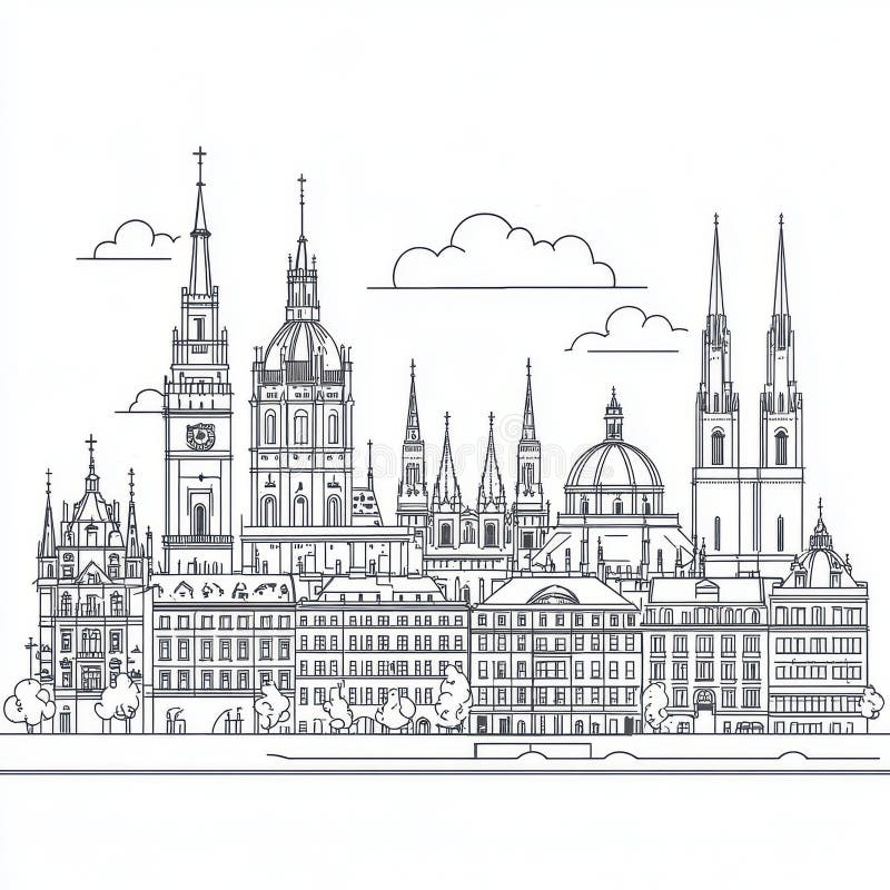 Prague Skyline Architectural Line Drawing Cityscape Sketch Stock ...