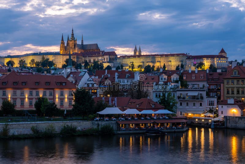 Prague Skyline and Prague Castle at Sunset Editorial Photography - Image of landmark, night ...
