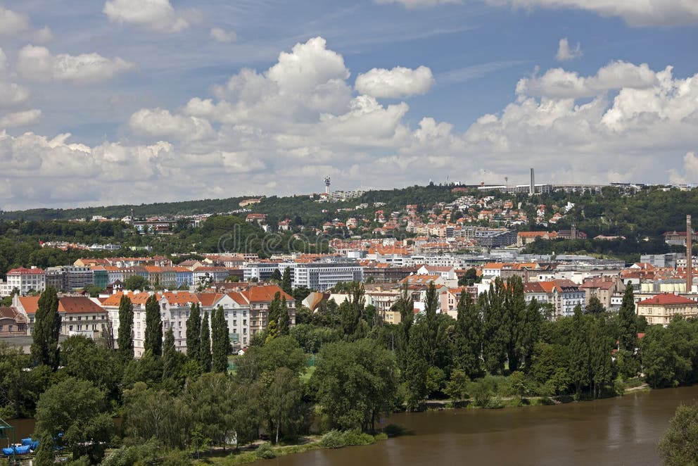 Prague - Smichov and Strahov Quarters Stock Photo - Image of river ...