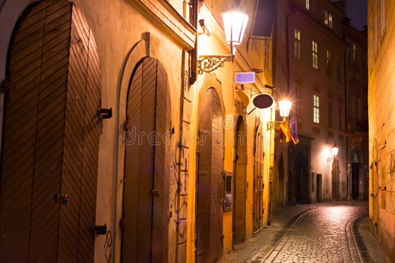 Prague street at night stock image. Image of colorful - 47889039