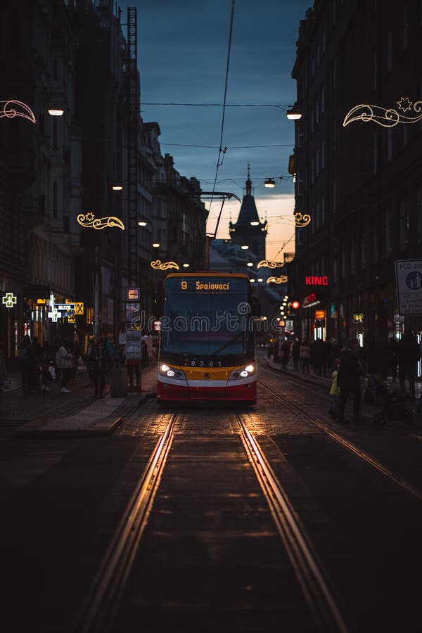 Prague tram in night editorial stock image. Image of flags - 207164204