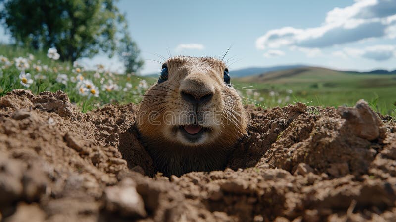 A Prairie Dog Peeks Out of Its Burrow in a Field. Stock Illustration ...